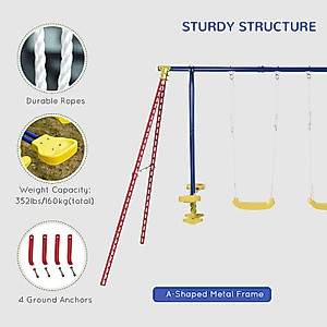 Outsunny Metal Swing Set with Glider, Two Swing Seats and Adjustable Height, Outdoor Heavy Duty A-Frame Suitable for Playground, Backyard, Multi-Color