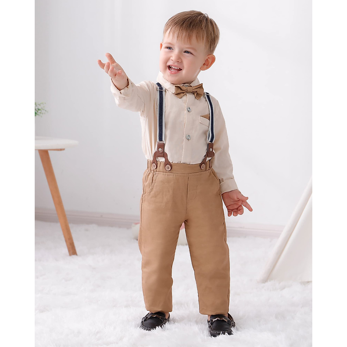 DISAUR Boys Church Outfit Apricot Brown Long Sleeve Dress Shirt Bow Tie Suspender Pants Toddler Formal Outfit Boy 2t 3t 2-3t