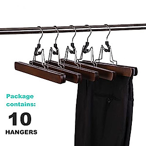 Amber Home Walnut Wooden Pants Hangers 10 Pack, Wood Clamp Hangers with Non Slip Padded Velvet, Jeans/Slacks Hangers Hair Extension Hangers for Skirts, Trousers, Wigs (Walnut, 10)
