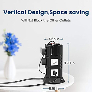 Surge Protector Power Strip Tower JACKYLED 12 AC Outlets 3000W 15A and 5 USB Slots 8A Desktop Smart Charging Station Multiple Protection with Heavy Duty 6.5ft 14 AWG Extension Cord for Home Black
