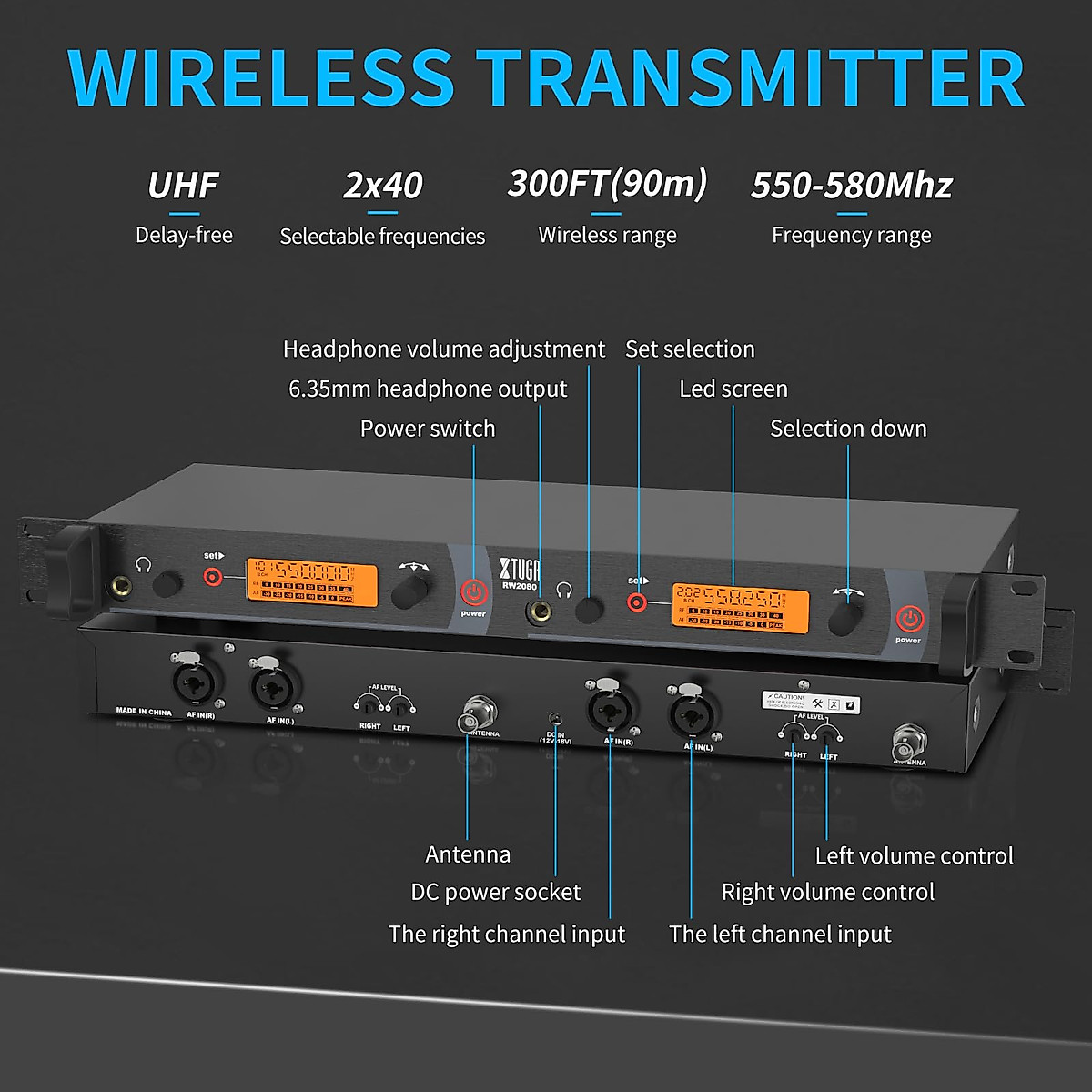 XTUGA RW2080 UHF IEM Wireless in Ear Monitor System, 2 Channel Wireless in Ear Monitor System with in Earphones IEM System 6 Bodypacks, Wireless Range 300Ft, 40 Frequencies 572MHz-599Mhz