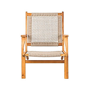 Patio Sense 62773 Vega Natural Stain Outdoor Chair Acacia Wood Construction Hand Woven Seat Mid Century Design Comfortable Reclining Armchair Patio Lawn Garden Backyard Deck - Ecru Cording