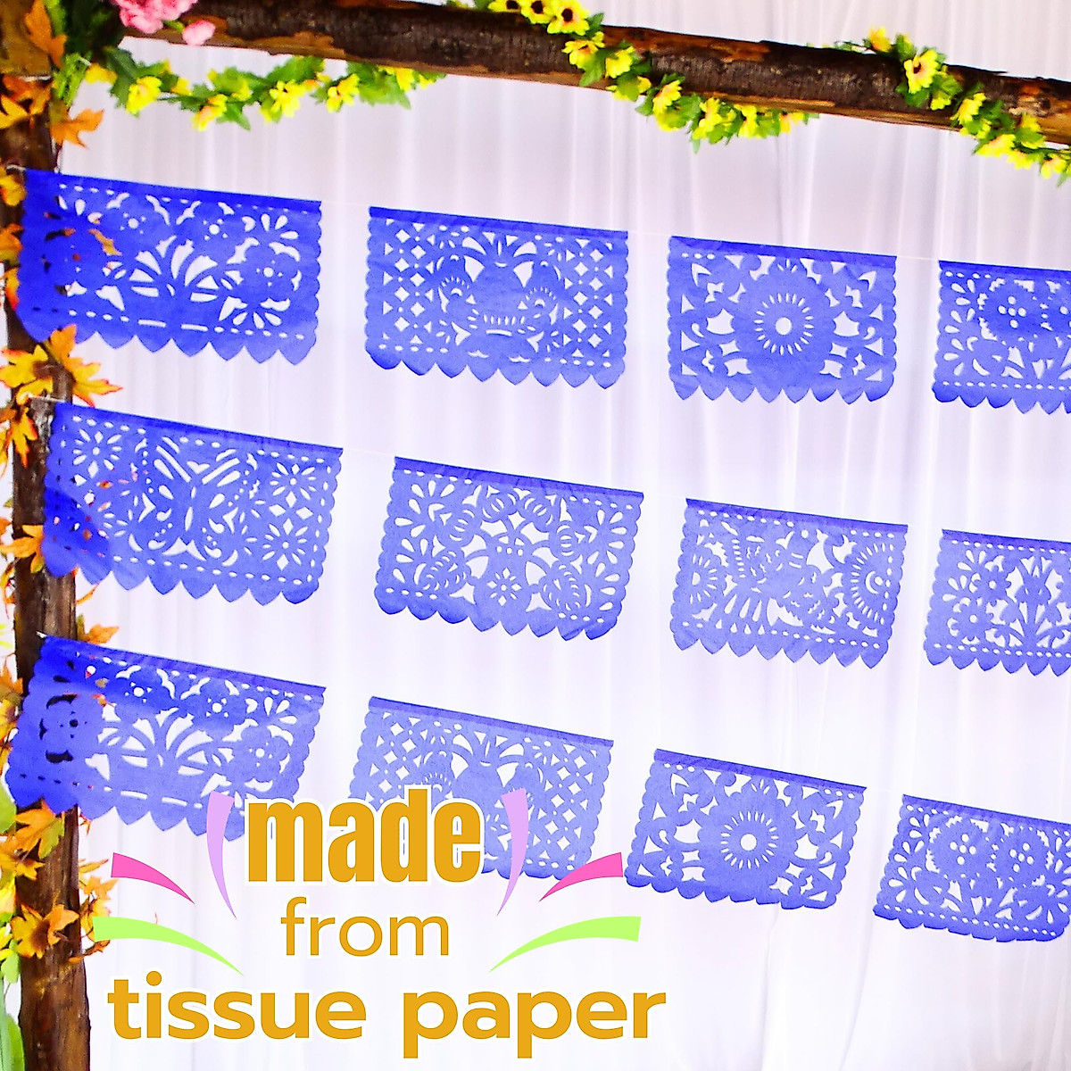 5 pk Fiesta Party Supplies, Royal Blue Mexican Banner Flags, 50 Panels of Papel Picado, 60ft Tissue Paper Garland Perfect for birthdays, weddings, quinceaneras, taco bar ws2030