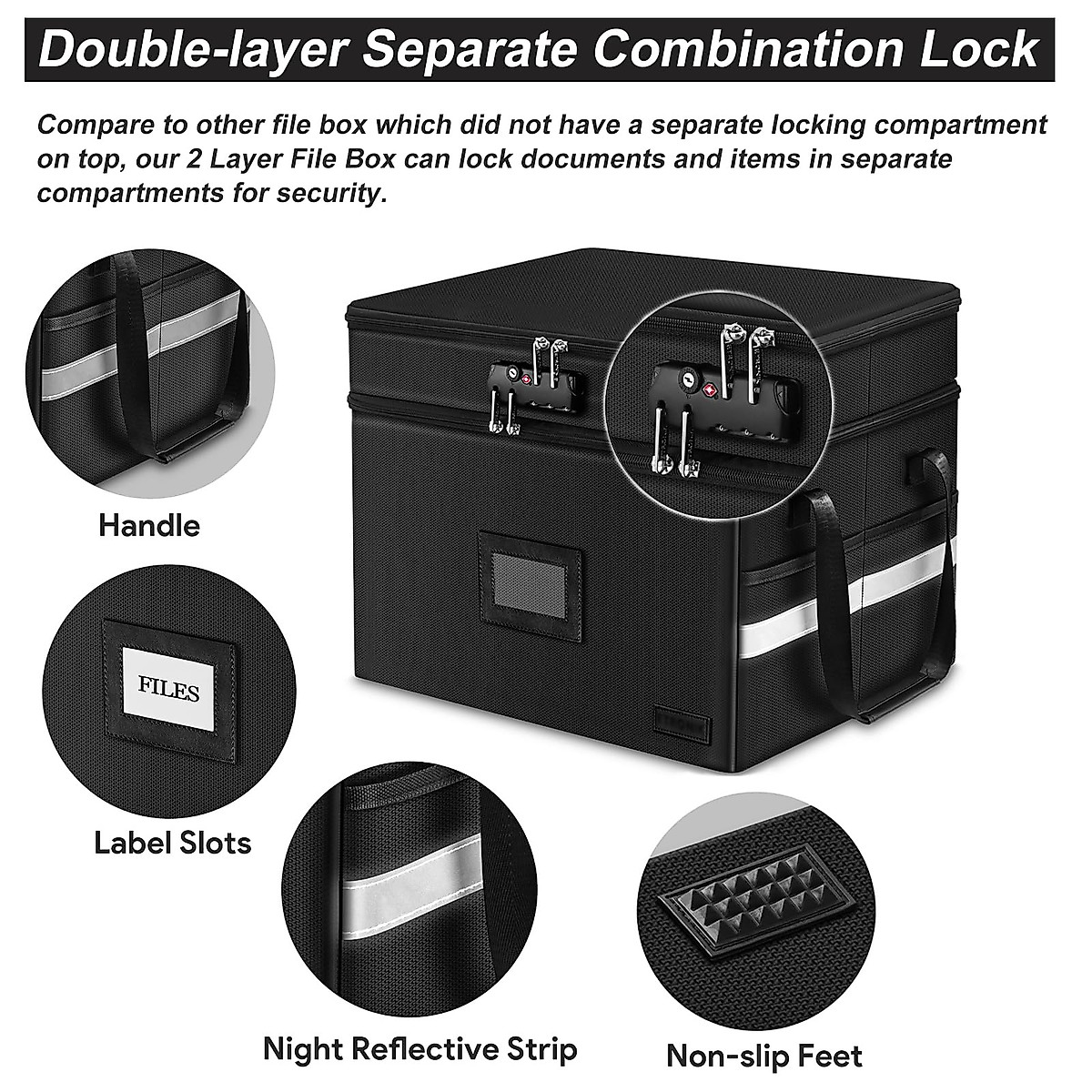 Fireproof Document Box with Lock, ETRONIK 2 Layer File Box Organizer with 5 Tab Inserts, Portable Office Collapsible File Storage with Reflective Strip for Hanging Letter/Legal Size Folder/Certificate