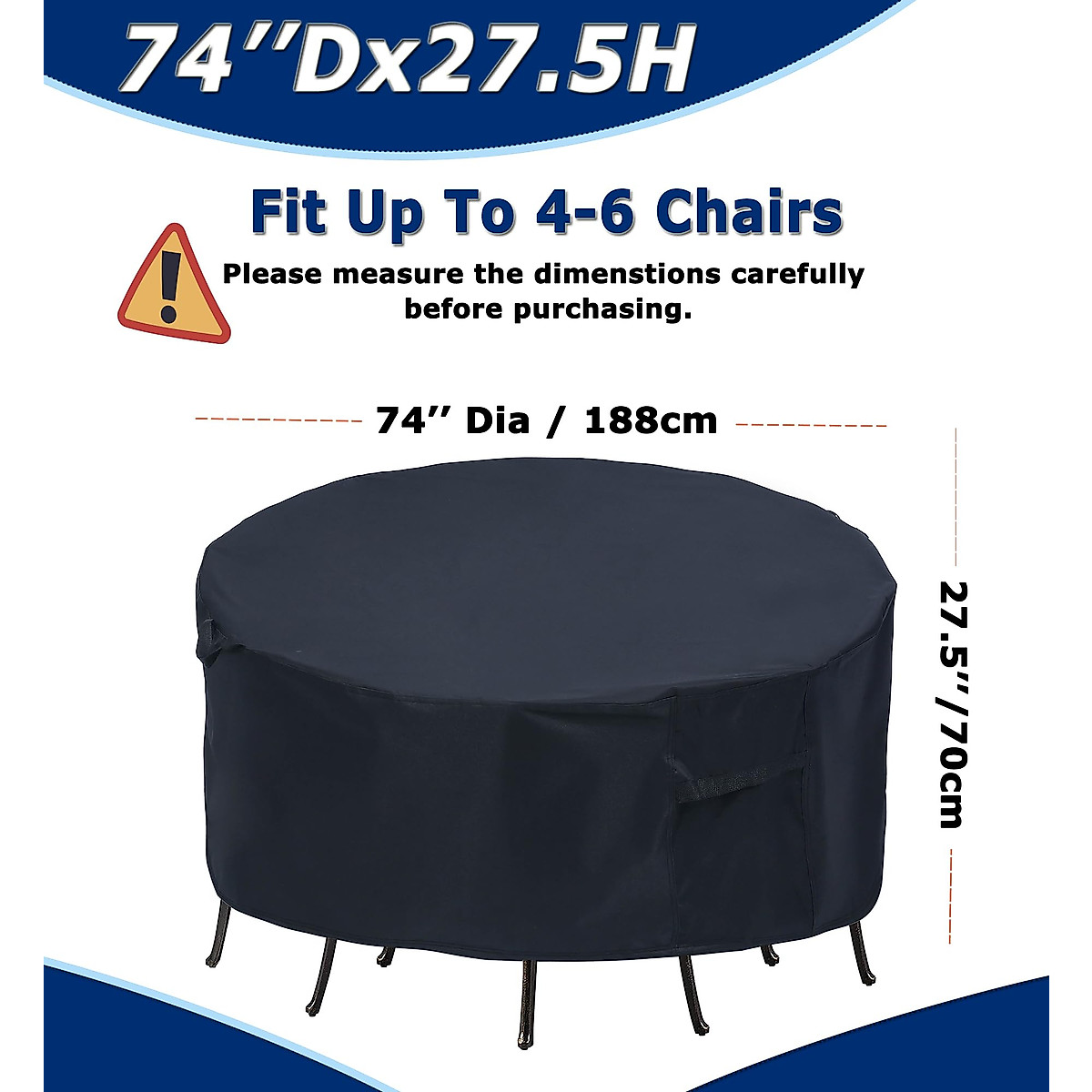 Round Patio Furniture Covers, 74" Dia Outdoor Furniture Covers, Waterproof Outdoor Table Cover, Fire Pit Cover Outdoor Round Table Dining Set Cover Anti-Fading Cover for Outdoor Furniture Set