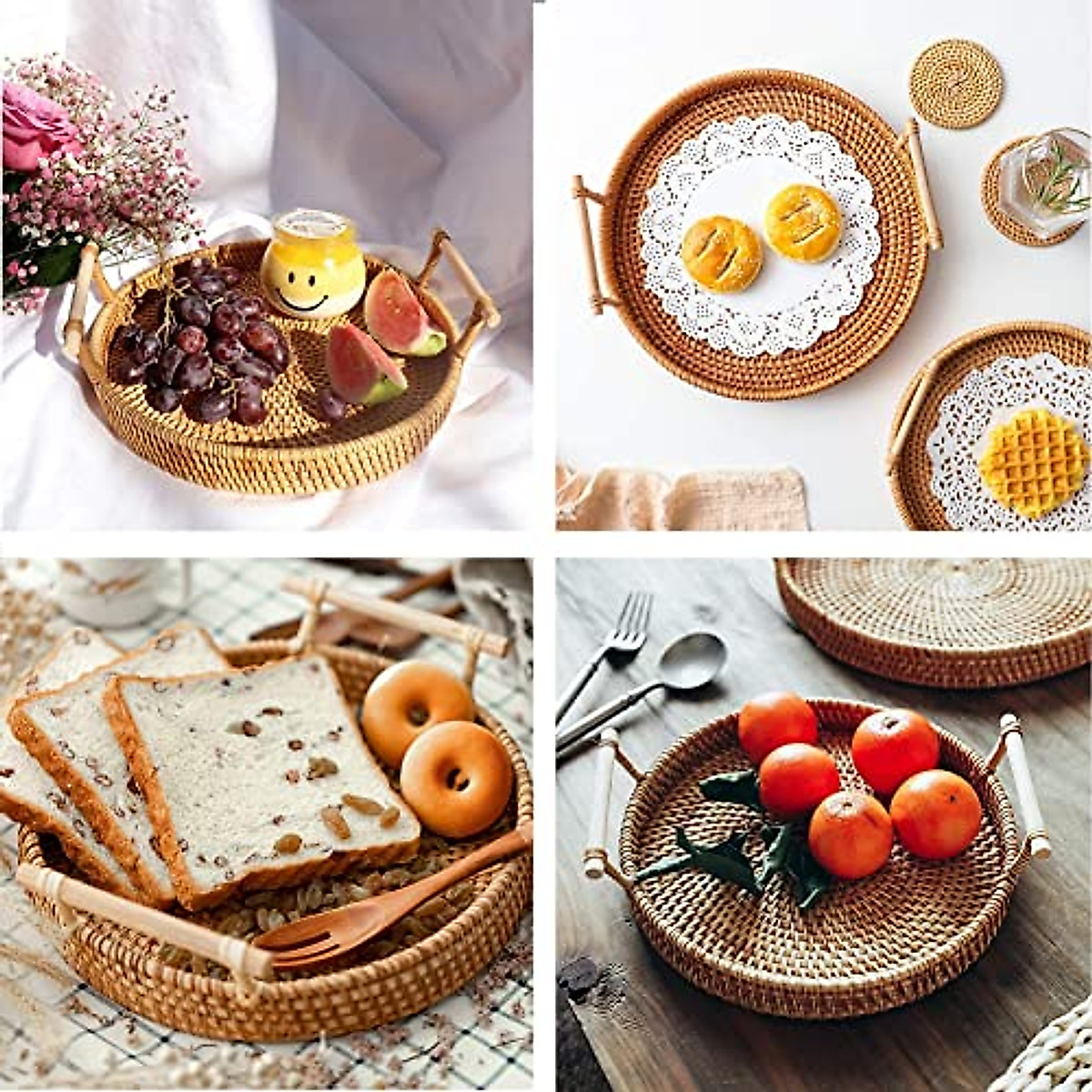 LAHERA Set of 3 Rattan Tray Decorative Serving Tray, Round Wicker Tray, Dinner Tray Table Set, Rustic Decorative Tray for Breakfast, Drinks, Snack Tray, Basket Tray, Coffee Table Tray