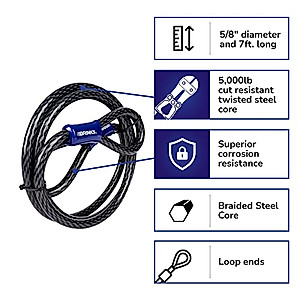 BRINKS - 7 ft x 5/8" Commercial Steel Braided Loop Cable - Heavy Duty Vinyl Wrap for Corrosion Protection, Black