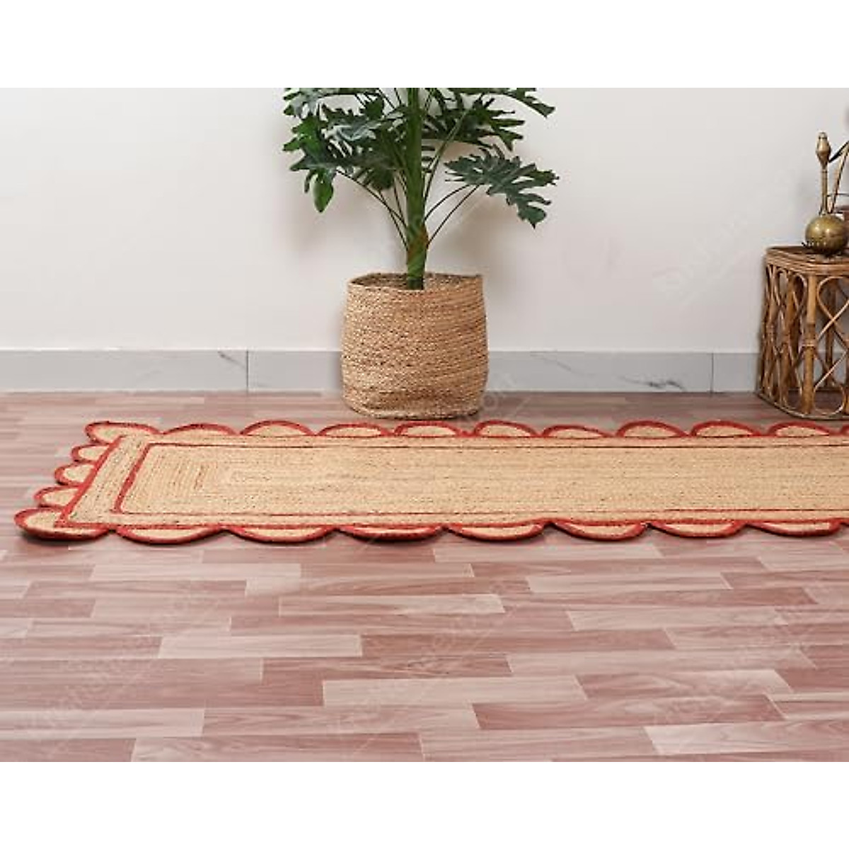 2x3, 2x4, 2x5, 2x6 Ft, Braided Scalloped Jute Rug, Red Scallop Rug, Boho Rug, Natural Jute Rug, Bohemian Rug, Jute Area Rug, Handwoven Jute Rug, Custom Size Rug (2x3 Ft, Area Rug)