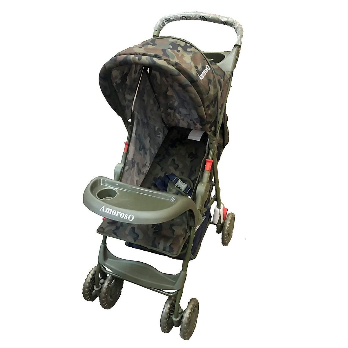 AmorosO Convenient Single Stroller 2201 Camouflage - Foldable Light Stroller - Hood Cover Canopy for Sun Shade and Light Rain Protection - With Cup Holder and Bottom Storage - (Pink/Gray)