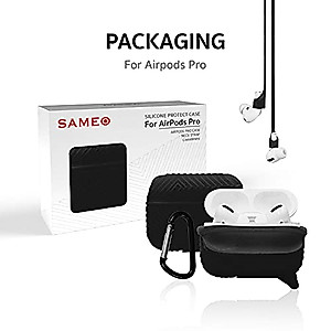 New SAMEO Design Soft Silicone Protective Case of AirPods Pro (Neck Strap, Case, Carabiner of 1 Set) DustProof, DropProof, Wireless Charing (Black)