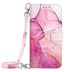 ONV Wallet Case for Samsung Galaxy Z Fold 3 5G - Long Neck Lanyard Marble Painted Stand Card Slot Leather Flip Case + TPU Inner Shell Cover for Samsung Galaxy Z Fold 3 5G [Marble] -PinkPink