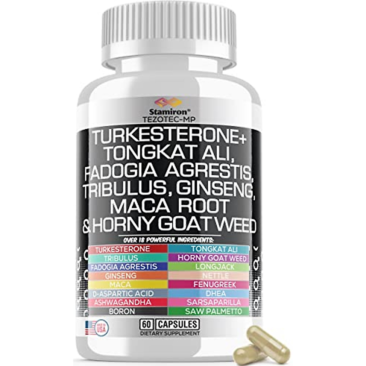 Stamiron Tongkat Ali 1000mg Fadogia Agrestis 1000mg Maca 1000mg Turkesterone Extract Supplement with Ginseng Ashwagandha Fenugreek DAA Saw Palmetto DHEA Nettle - 60 Capsules Made in USA