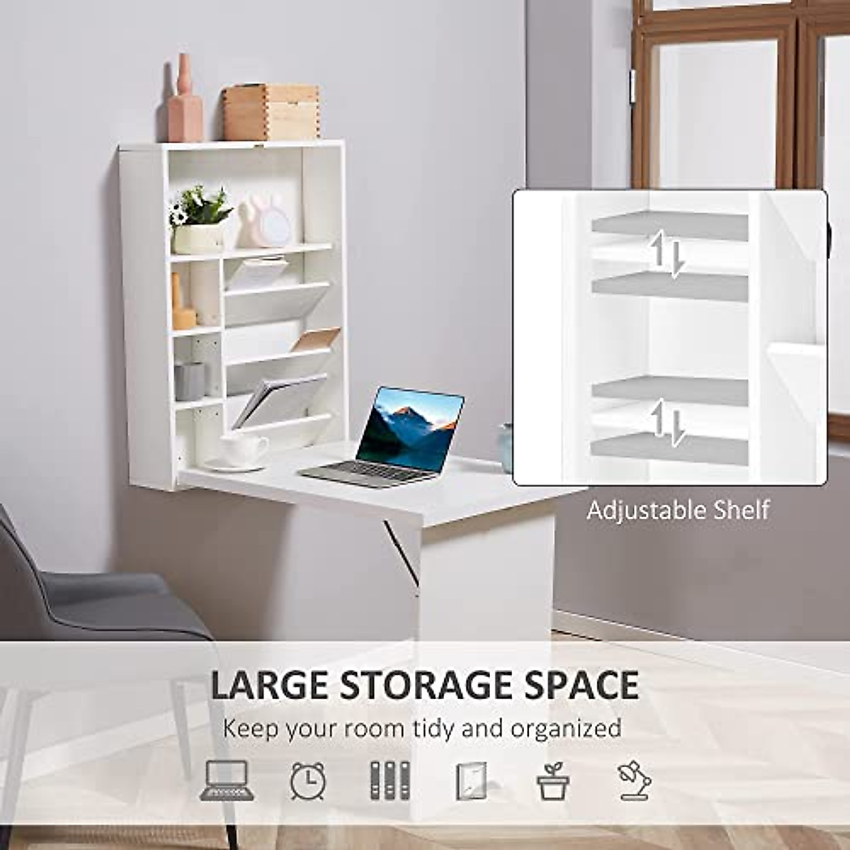 HOMCOM Compact Fold Out Wall Mounted Convertible Desk with Storage, White