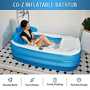 CO-Z Inflatable Bathtub with Electric Air Pump and Bath Pillow Headrest, Portable Blow Up Bath Tub for Adults, Outdoor or Indoor Freestanding Foldable Spa Tub with Cover Drainage Hose Cup Holder, Blue