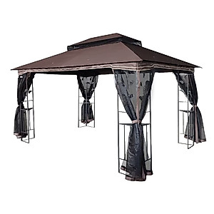 JINS&VICO 13x10 ft Gazebo Double Roof Canopy with Netting and Shaded Curtains, Outdoor Gazebo 2-Tier Hardtop Galvanized Iron Aluminum Frame Garden Tent for Patio, Backyard, Deck and Lawns, Brown