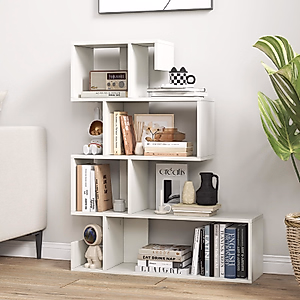 Tangkula S-Shaped Bookshelf, 5-Tier Modern Geometric Stepped Bookcase with Anti-Tipping Kits, Freestanding Corner Ladder Display Rack for Living Room Home Office (1, White)