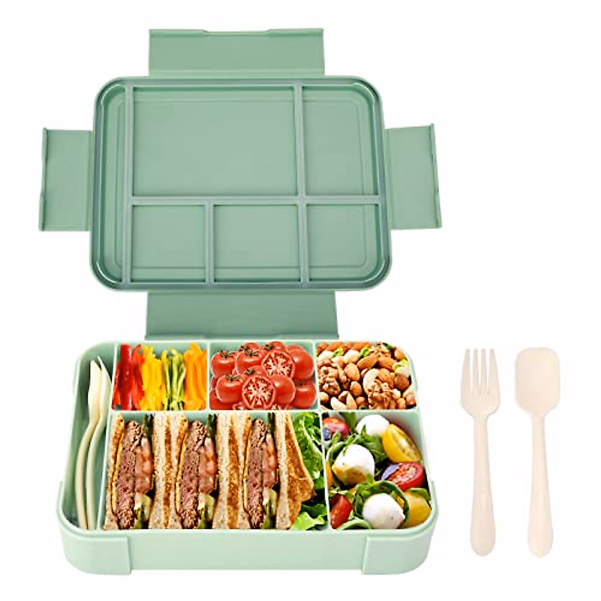 Vensp Bentobox,Kid Lunch Box, Bento Box Adult Lunch Box,Lunch Box Container for Kids/Adults/Toddler,1330ml-6 Compartments&Utensiles, Leak Proof,Microwave/Dishwasher/Refrigerator Safe(Green)