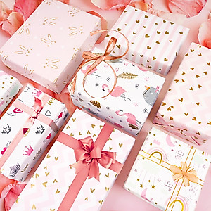 MAMUNU 6 Sheets Gift Wrapping Paper, Pink and Gold Folded Wrapping Paper with Heart, Bunny, Rainbow, Flamingo and Crown Designs for Women Girls Kids Birthday, Valentine's Day, Wedding, Baby Shower 50x70CM