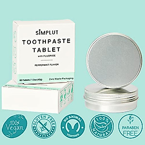 Chewable Toothpaste Tablets with Fluoride, 60 Pack - Travel Sized Oral Care, Eco Friendly Vegan Dental Tabs for Brushing - All Natural, SLS Free Ingredients for Adults - Peppermint Flavored