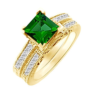 AFFY 2 cttw Simulated Green Emerald & White Natural Diamond Vintage Engagement Wedding Ring Set in 14k Yellow Gold with Ring Size 13