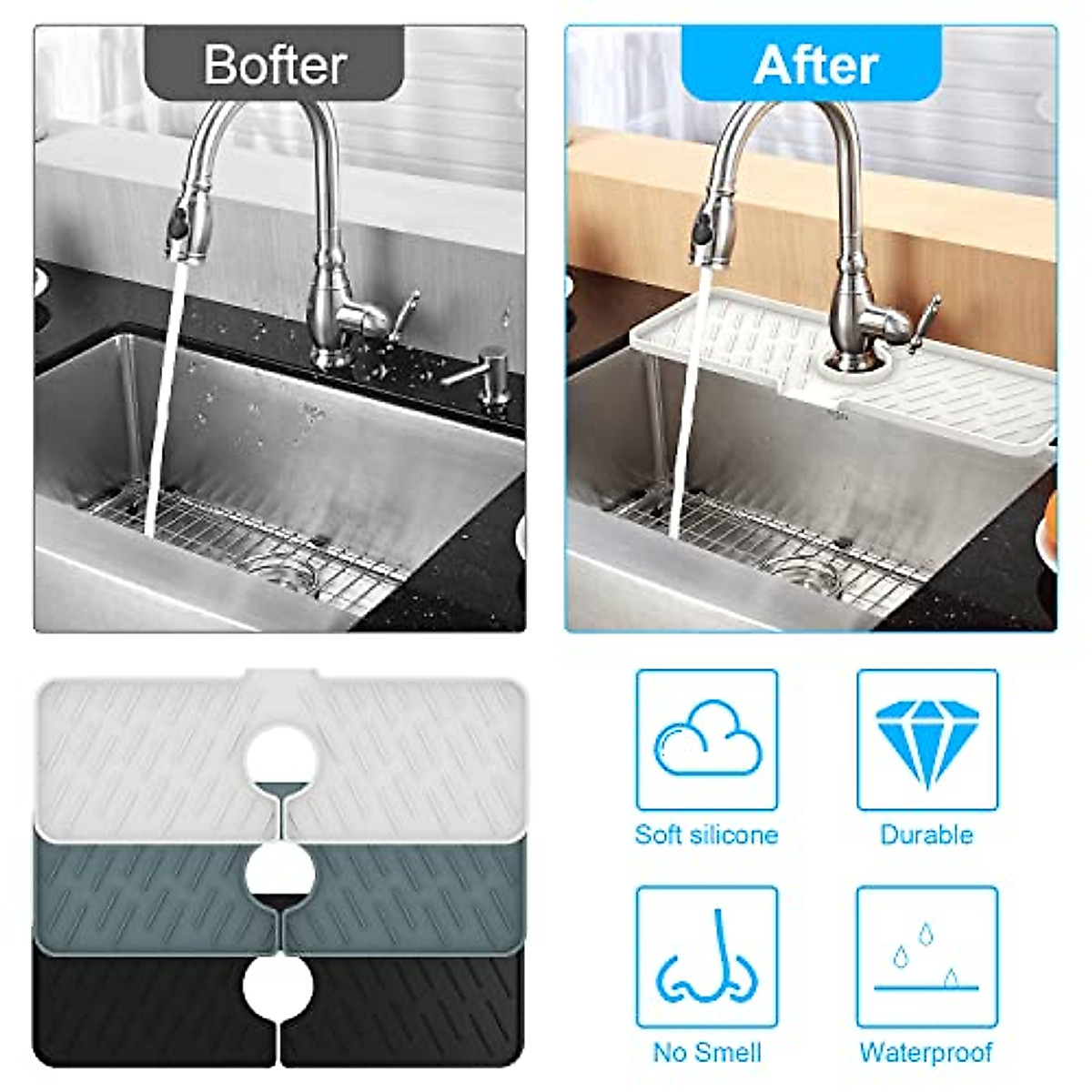 Silicone Faucet Splash Guard, 18” x 6.3” Faucet Water Catcher Mat, Longer Silicone Sink Mat, Faucet Handle Drip Catcher Tray Mat for Kitchen Countertop and Sink Protectors Absorbent Mat (White)
