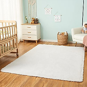 AMTOVO Shag Area Rugs for Bedroom, White Fluffy Rug Plush Living Room Carpet 8 x 10 Feet, Indoor Modern Plush Area Rugs, Fuzzy Nursery Shaggy Rugs for Kids Room