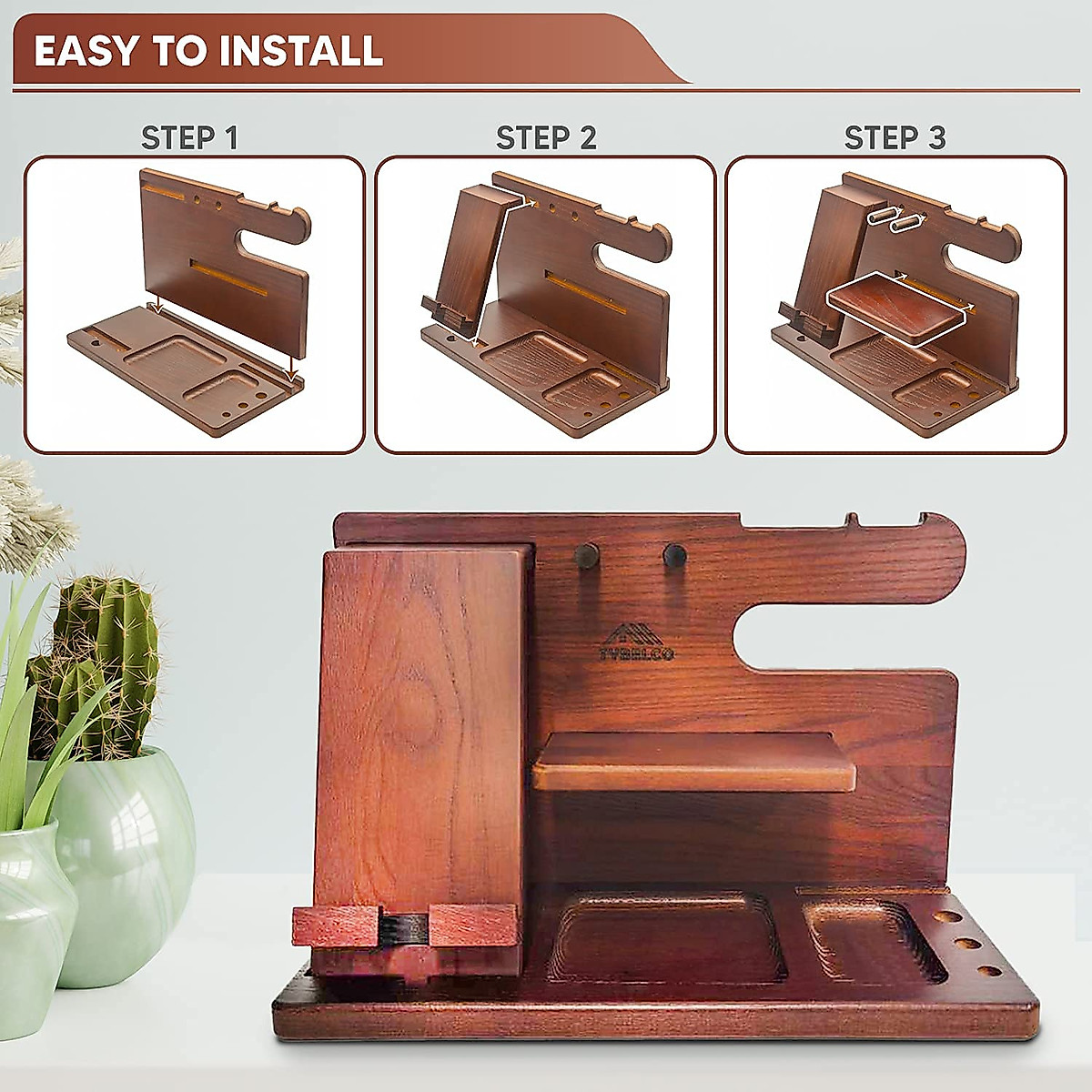 Wood Phone Docking Station Gifts for Men Him Husband Dad Boyfriend - Stylish Nightstand Organizer for Men Wooden Bedside Watch Stand Wallet Desk Organizer (Brown)