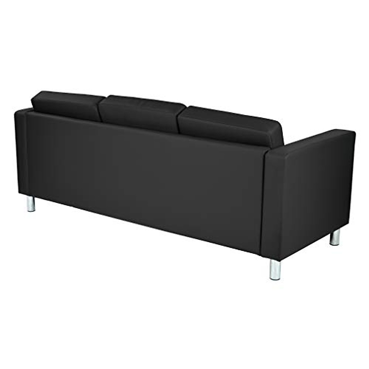 Office Star Pacific Sofa with Padded Box Spring Seats and Silver Finish Legs, Dillon Black Faux Leather