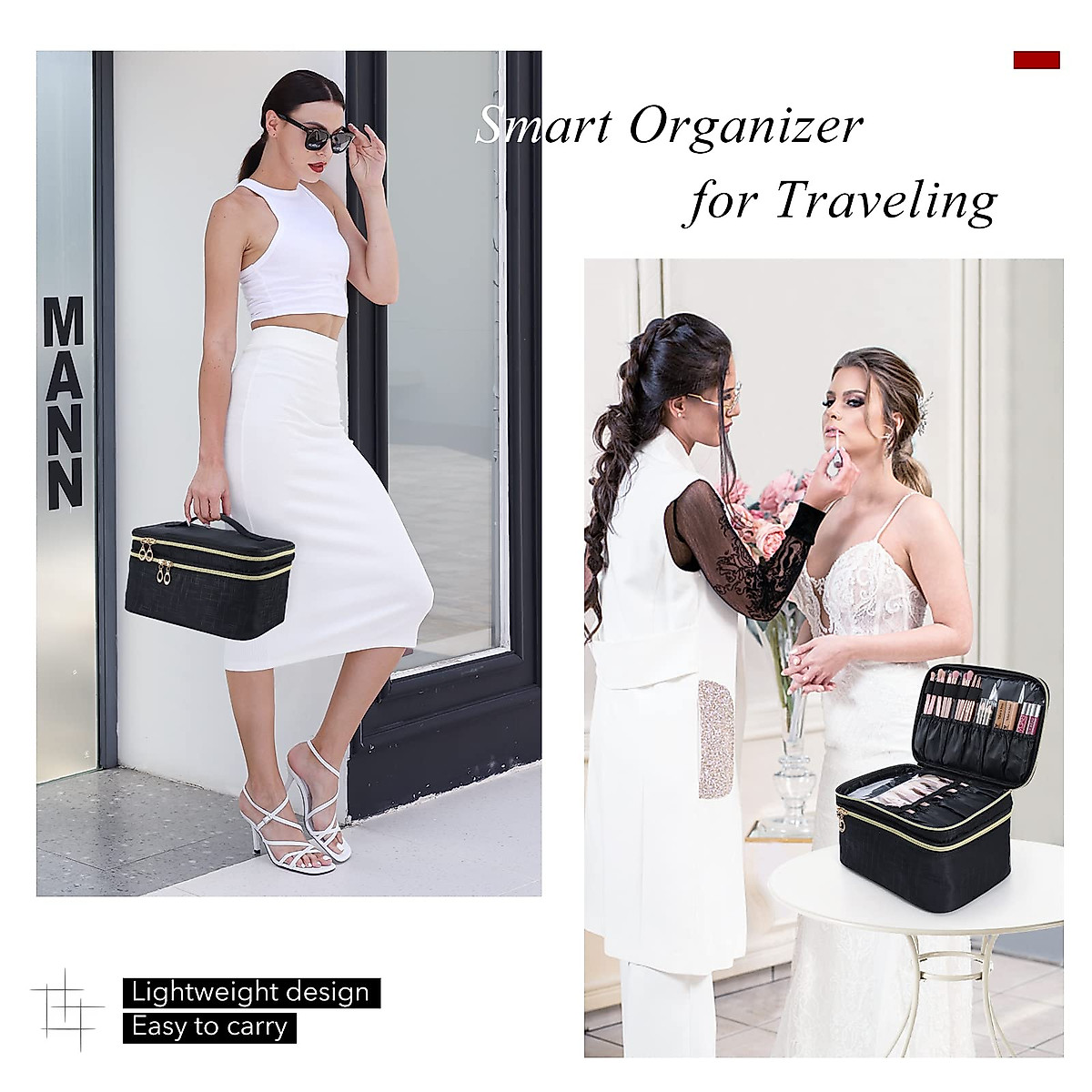 Stagiant Double Layer Makeup Bag, Large Cosmetic Bag, Travel Makeup Case with Dividers Makeup Organizer Bag Cosmetic Train Case for Cosmetics Toiletries, Black