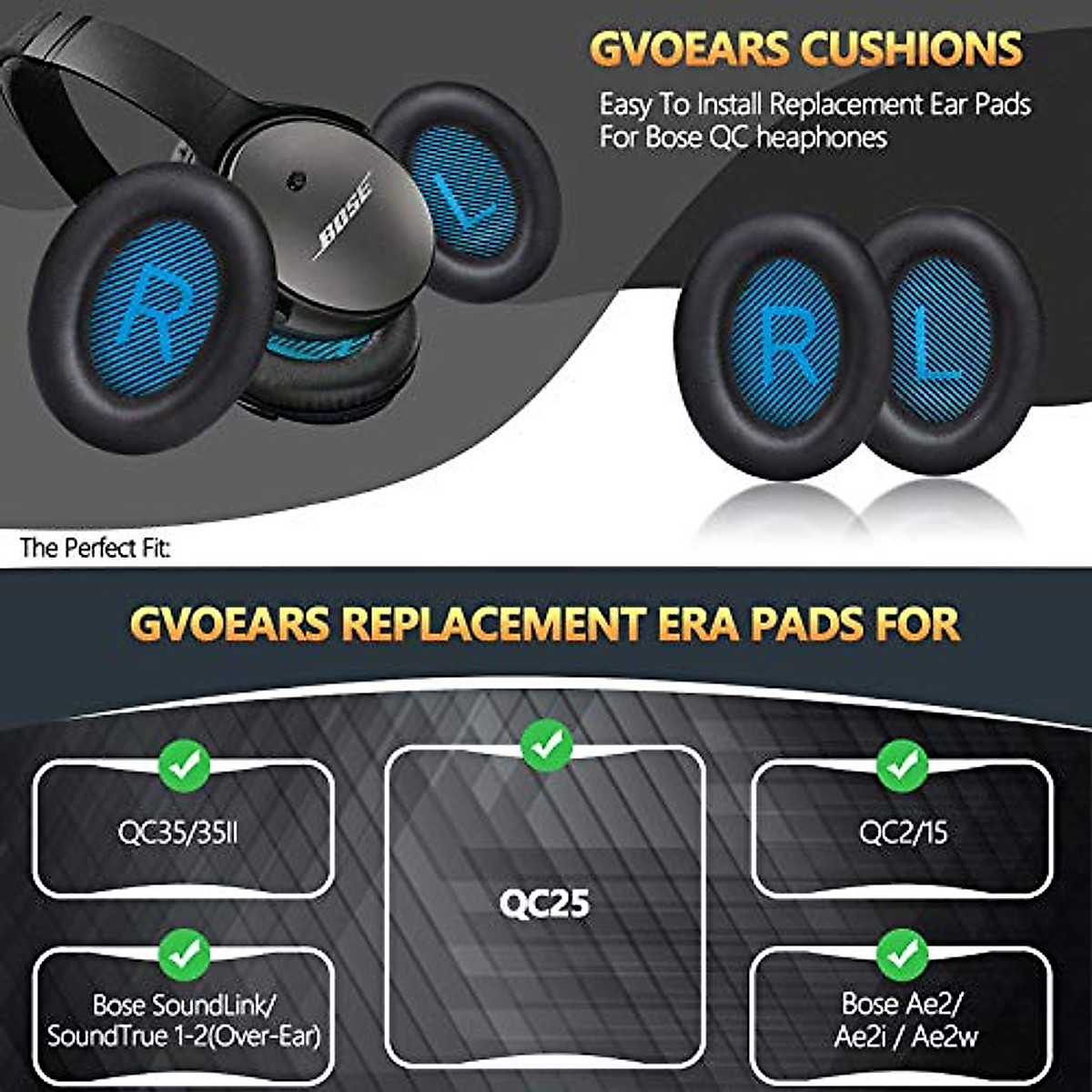 GEVO Upgraded Replacement Ear Pads for Bose QC25 Headphones- Cushions kit Also Fit QuietComfort2/15/35&35ii/Ae2/Ae2i/Ae2w and SoundLink 1&2/SoundTrue 1&2(Over-Ear)(Sky-Blue mats)