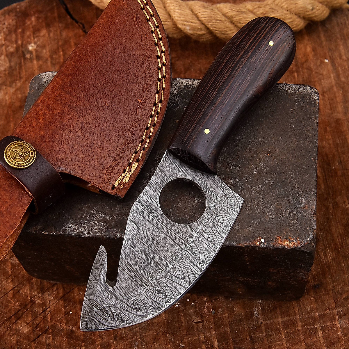 EDC Damascus – Skinner Knife - Skinning Knife with Gut Hook – Gutting Knife for Deer – Skinning Knives for Hunting Deer with Leather Sheath 8” (BLACK)”