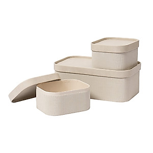 LA JOLIE MUSE Storage Basket Set of 3 with Leather Lids Fluted Cardboard - Light Grey