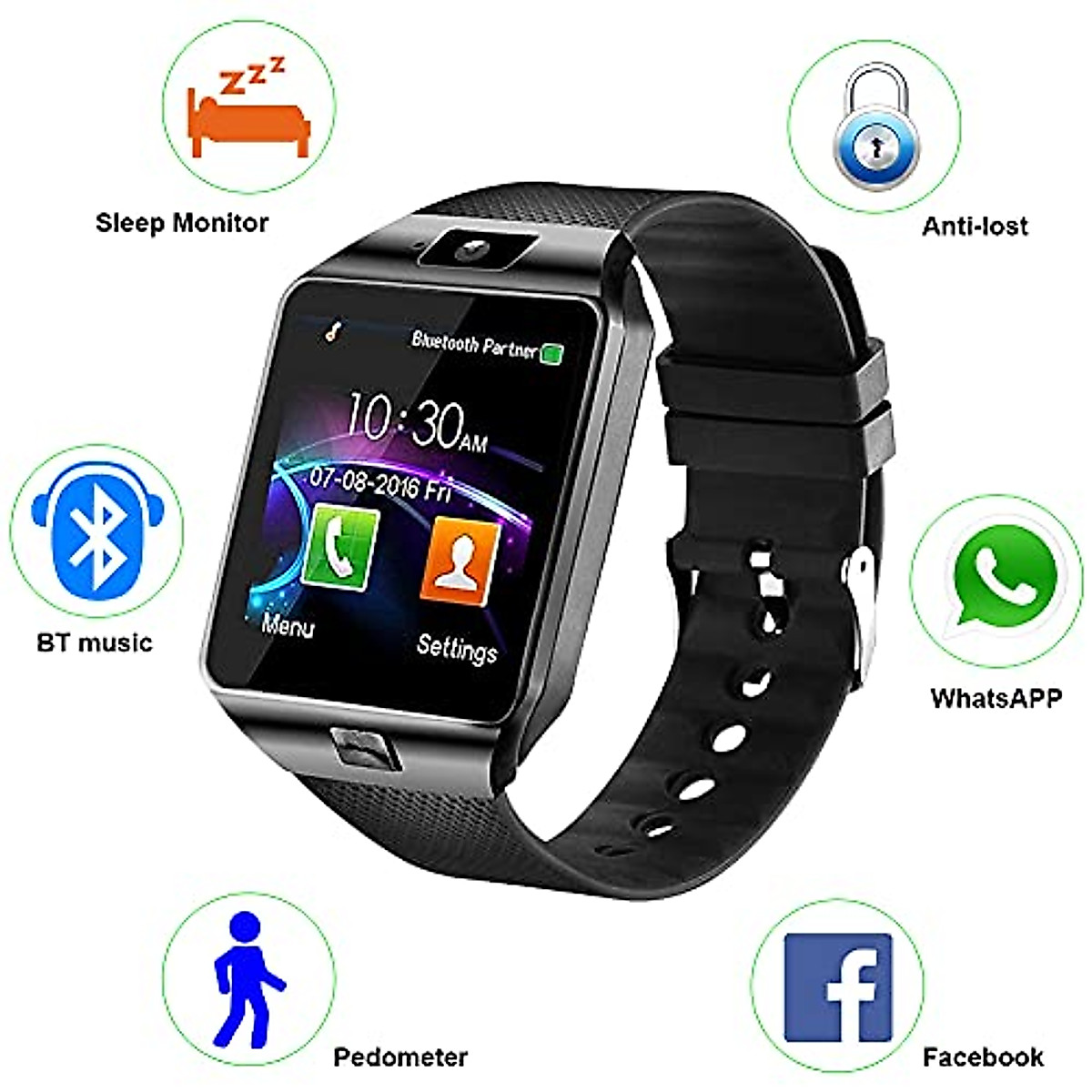 Padgene DZ09 Bluetooth Smartwatch,Touchscreen Wrist Smart Phone Watch Sports Fitness Tracker with SIM SD Card Slot Camera Pedometer Compatible with iOS Android for Kids Men Women