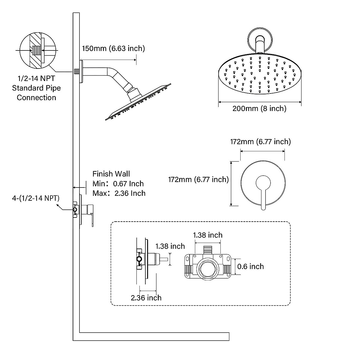 HUCKLE Shower Faucet Set with Shower Head, 8-Inch Black Shower Faucet with Valve, Single-Handle Rainfall Shower Head, Matte Black Shower Head for Bathroom