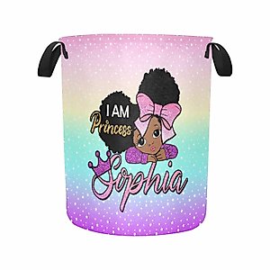 InterestPrint Customized Princess Girl Color Gradient Dot Laundry Hamper with Handle Personalized Name Collapsible Storage Basket Dirty Clothes Basket for Bathroom Bedroom College Dorm