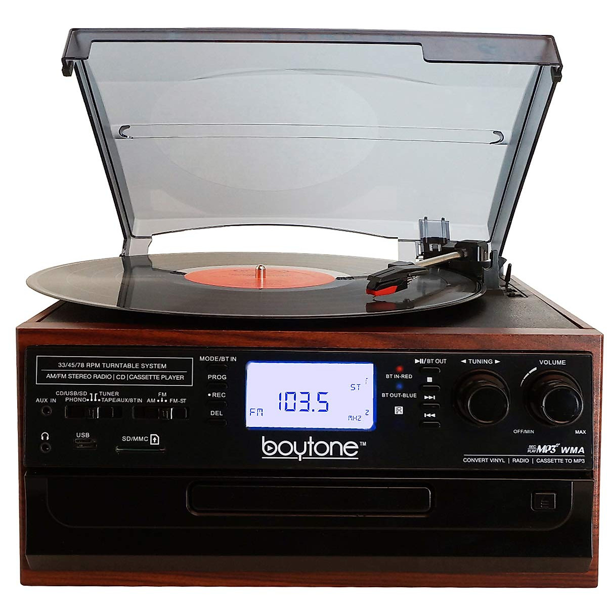 Boytone BT-22M, Bluetooth Record Player Turntable, AM/FM Radio, Cassette, CD Player, 2 Built in Speaker, Ability to Convert Vinyl, Radio, Cassette, CD to MP3 Without a Computer, SD Slot, USB, AUX