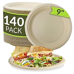 Reli. Compostable Paper Plates 9 Inch (140 Pack Bulk) | Brown Disposable Plates 9" | Heavy Duty Paper Plates, Eco-Friendly | Made of Sugarcane Fibers/Bagasse - Biodegradable | Microwavable (Natural)
