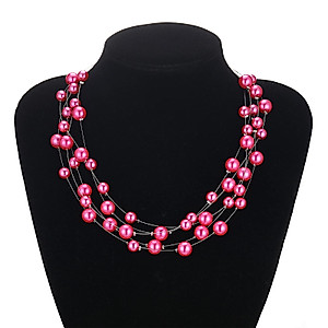 FULU AUTUMN Layered Pearl Necklace Multi-strand Pearl Choker Necklaces for Women Beaded jewelry for Wedding Parties(Hot pink)