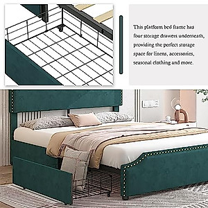 bzbbzc Queen Size Velvet Upholstered Platform Bed Frame with 4 Storage Drawers and Headboard, Rivet Curved Adjustable Headboard/Strong Wooden Slats/Easy Assembly/Green