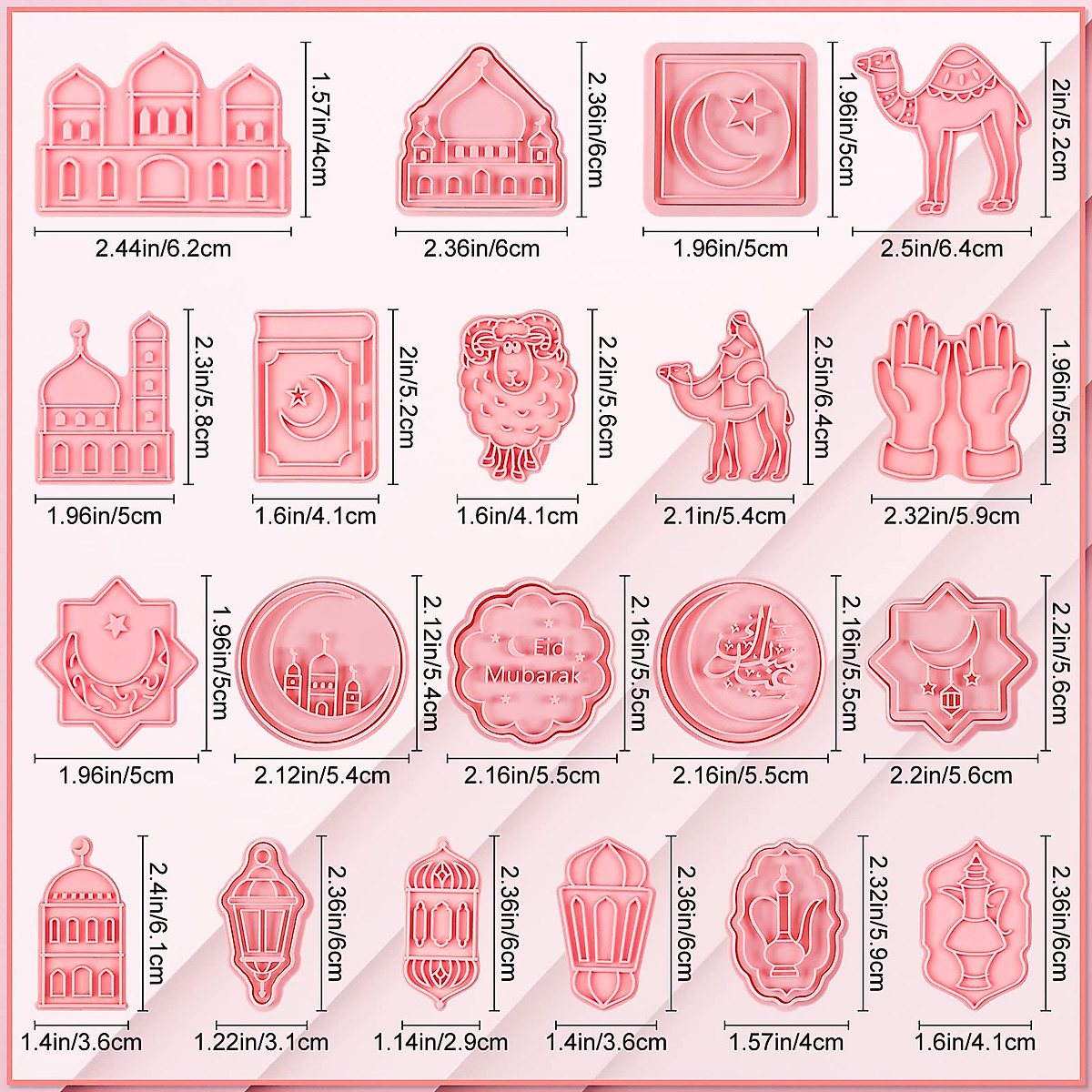 Eid Mubarak Cookie Cutters Ramadan Cookie Stamp Islamic Muslim Biscuit Mold Star Lantern Moon 3D Cookie Stamper DIY Biscuit Press Stamp Molds for Baking Fondant Supplies (Stylish Style,20 Pieces)