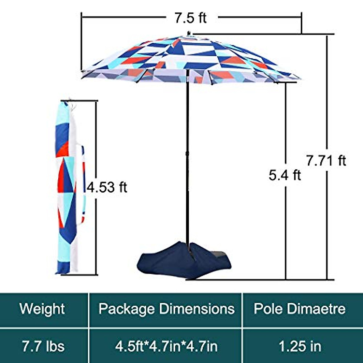 TOTEBOX Beach Umbrella, 7.5ft Portable Patio Sunshade Umbrella UPF 50+ Protection with Tilt Sand Anchor Carry Bag and Sand Bag for Yard and Pool