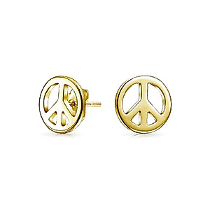 Dainty Tiny Small Round World Peace Sign Symbol Stud Earrings For Women For Teen 14K Gold Plated .925 Sterling Silver