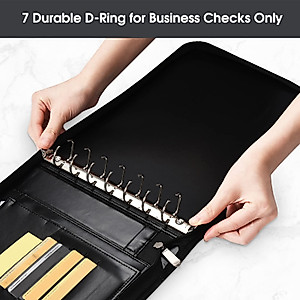 Business Check 7 Ring Checkbook Binder, PU Leather Portfolio, Built in Storage Organizer [Black]