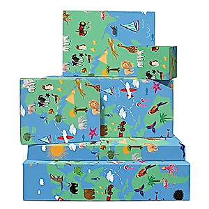 CENTRAL 23 World Map Wrapping Paper - Kids Wrapping Paper - 6 Sheets Blue Gift Wrap - Animals - Birthday Wrapping Paper For Boys Girls - Baby Shower - Recyclable