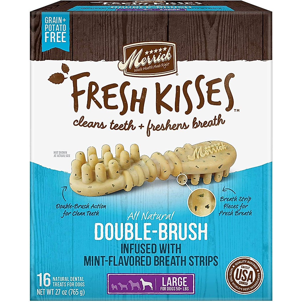 (2 Pack) Merrick Fresh Kisses Double-Brush Dental Dog Treats, Infused with Coconut & Botanical Oils and Mint Breath Strips, Cleans & Freshens Breath for Large Dogs, 16 Dental Dog Treats/Pack (Large)