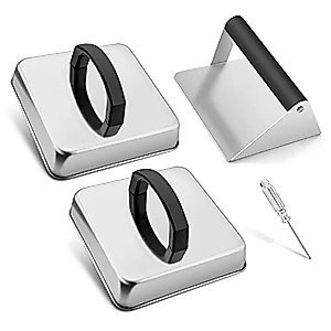 Leonyo Square 6.2 Inch Melting Dome Set of 2 & 5.5 Inch Burger Press, Heavy Duty Griddle Grill Steam Dome Lid (2 Pack), Stainless Steel Smash Bacon Grill Press for Burger Patty Cast Iron Flat Top BBQ
