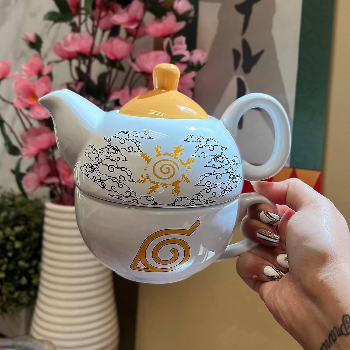 Naruto Shippuden Tea Cup Set 2 with Teacup and Kettle | 15 Oz TeaCup Featuring The Nine-Tail Fox “ Kurama” | Anime | Kitchen Deco | Naruto Tea Cup Set | Officially Licensed | By Just Funky