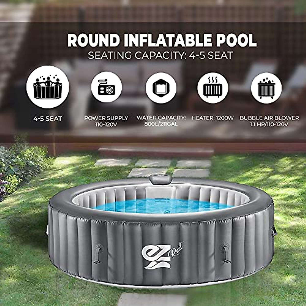 SereneLife Outdoor Portable Hot Tub - 82'' x 25'' 6-Person Round Inflatable Heated Pool Spa with 130 Bubble Jets, Filter Pump, Cover, LED Lights, and Remote Control