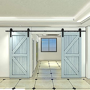 YIGOLD 12ft Sliding Barn Door Hardware Kit,Hardware for Barn Doors Antique Style,Slide Smoothly Quietly,Factory Outlet Upgraded Version Quality Carbon Steel-(J Shape Hanger,Double Door;Black)