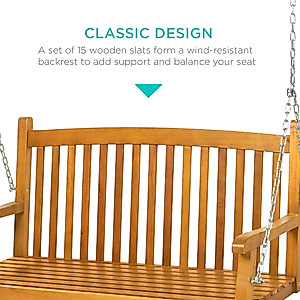 Best Choice Products 48in Wood Porch Swing Outdoor Patio Hanging Bench Chair Furniture for Deck, Garden, Yard w/Mounting Chains, Curved Back Design, 500lb Weight Capacity - Brown